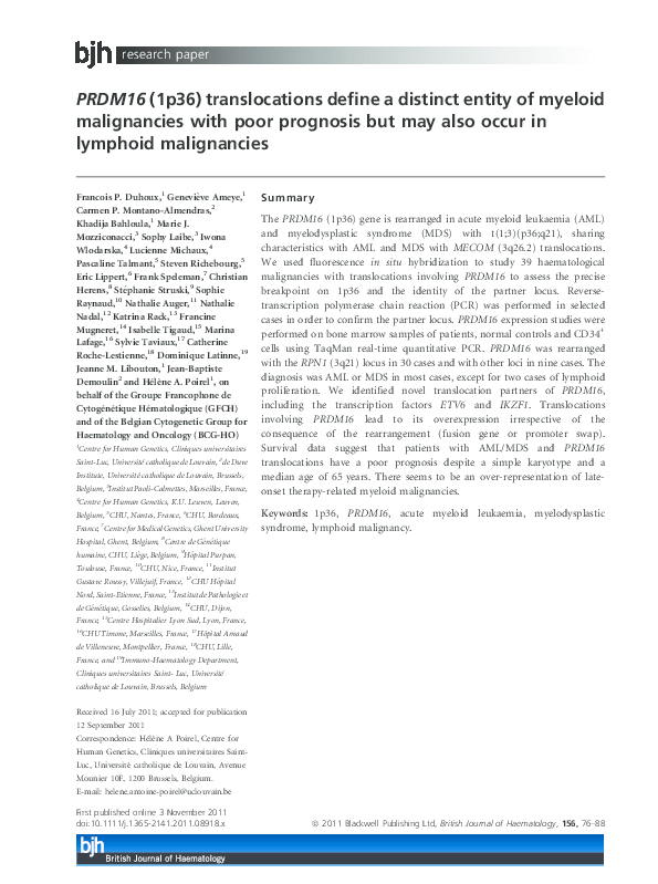 (PDF) PRDM16 (1p36) translocations define a distinct entity of myeloid ...