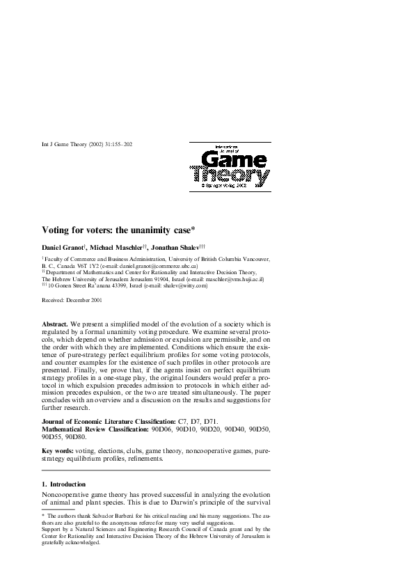 (PDF) Voting for voters: the unanimity case