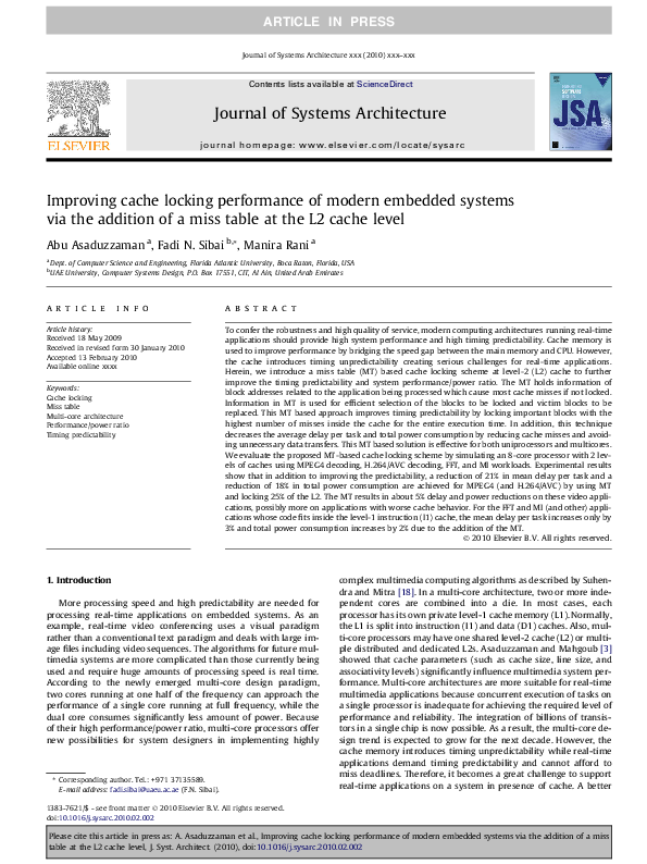 (PDF) Improving cache locking performance of modern embedded systems via the addition of a miss ...
