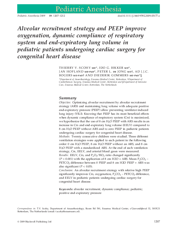 (PDF) Alveolar recruitment strategy and PEEP improve oxygenation, dynamic compliance of ...