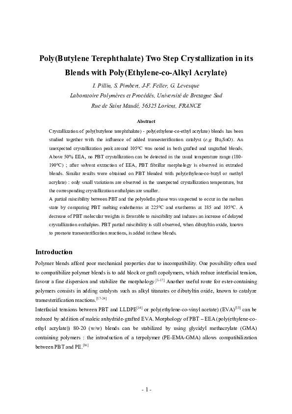 (PDF) Poly (Butylene Terephthalate) Two Step Crystallization in its ...
