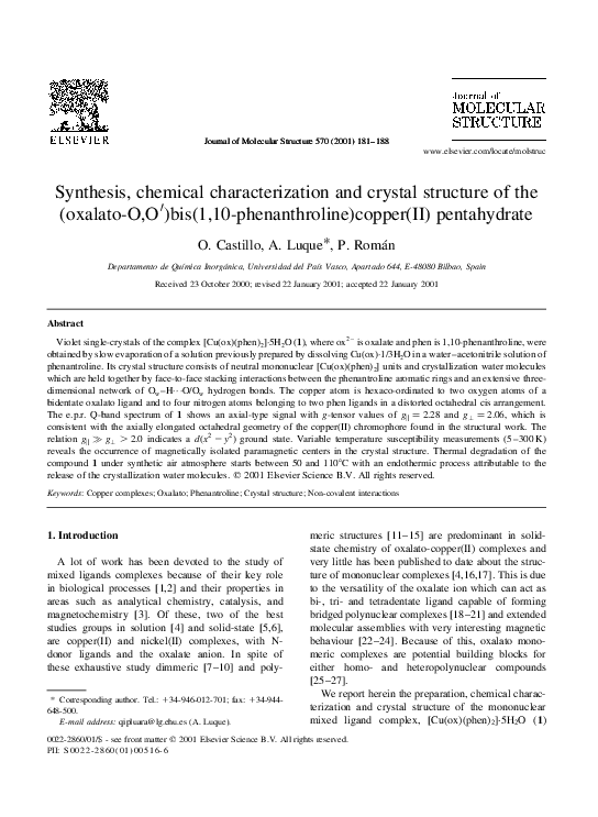 (PDF) Synthesis, chemical characterization and crystal structure of the (oxalato-O,O′)bis(1,10 ...