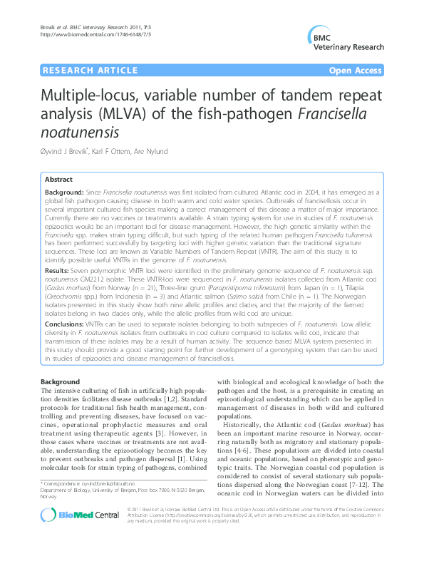 (PDF) Multiple-locus, variable number of tandem repeat analysis (MLVA) of the fish-pathogen ...