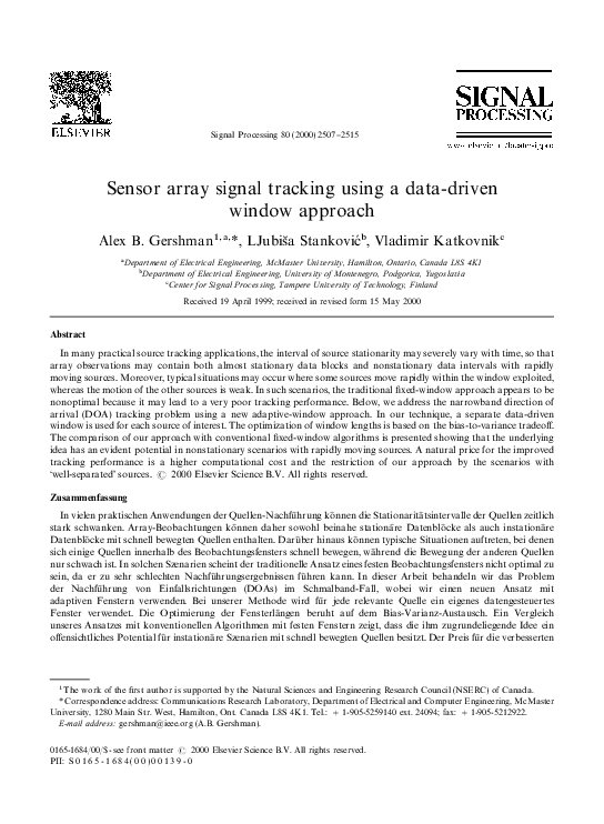 Pdf Sensor Array Signal Tracking Using A Data Driven Window Approach