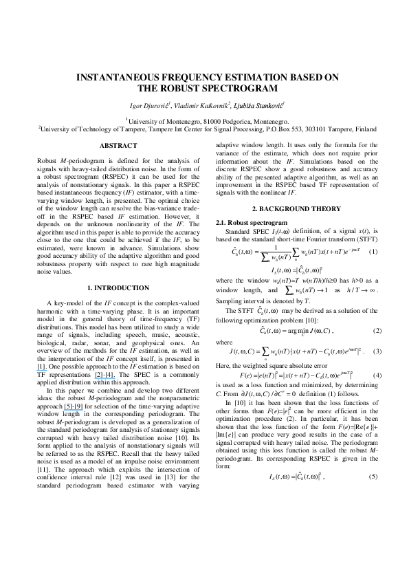Pdf Instantaneous Frequency Estimation Based On The Robust Spectrogram