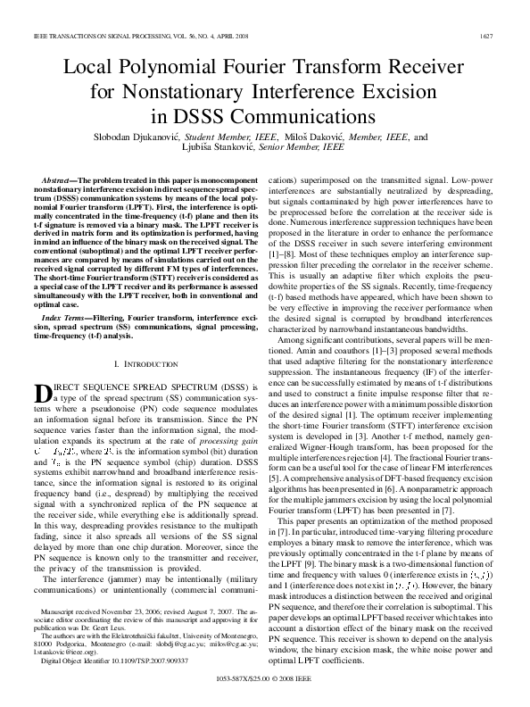 Pdf Local Polynomial Fourier Transform Receiver For Nonstationary Interference Excision In