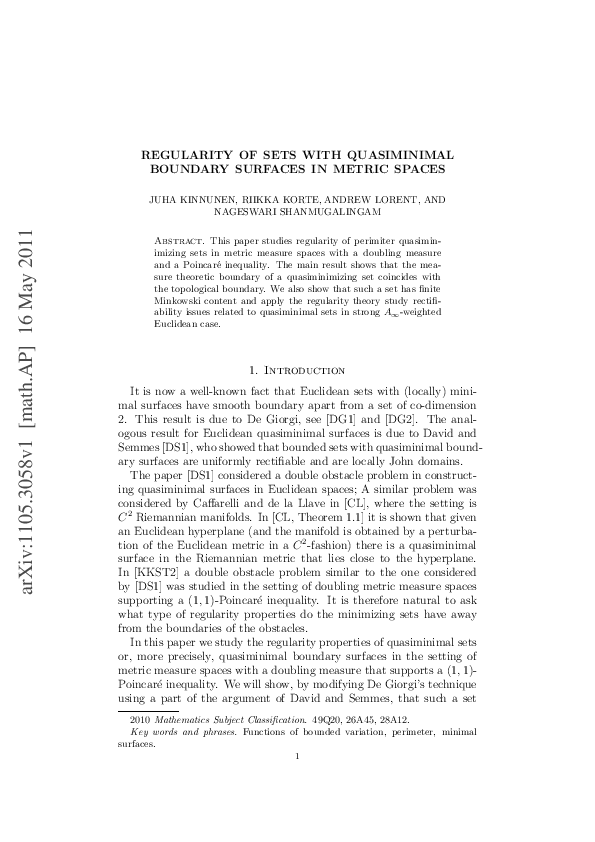(PDF) Regularity of Sets with Quasiminimal Boundary Surfaces in Metric ...