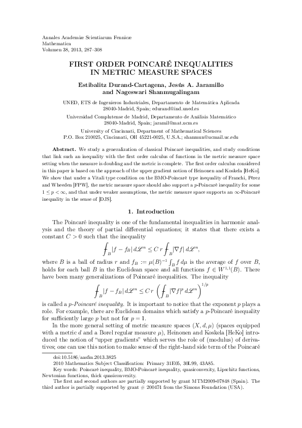 Pdf First Order Poincaré Inequalities In Metric Measure Spaces