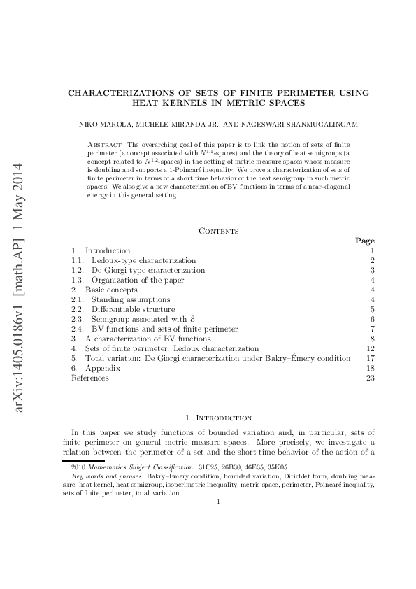 Pdf Characterizations Of Sets Of Finite Perimeter Using Heat Kernels In Metric Spaces