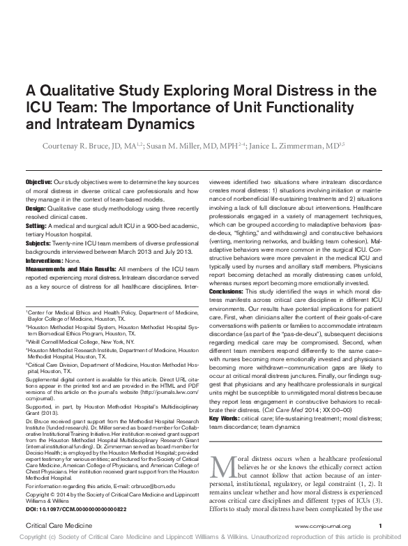 (PDF) A qualitative study exploring moral distress in the ICU team: the ...