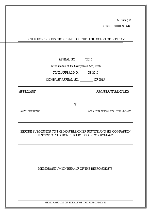 (DOC) Respondent Memorial Moot Company Law