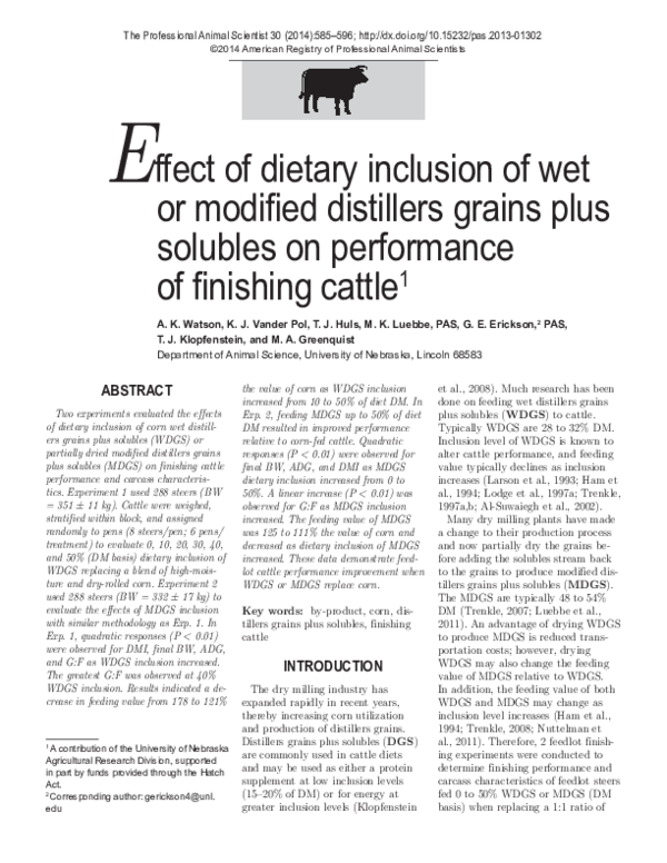 (PDF) Effect of dietary inclusion of wet or modified distillers grains ...