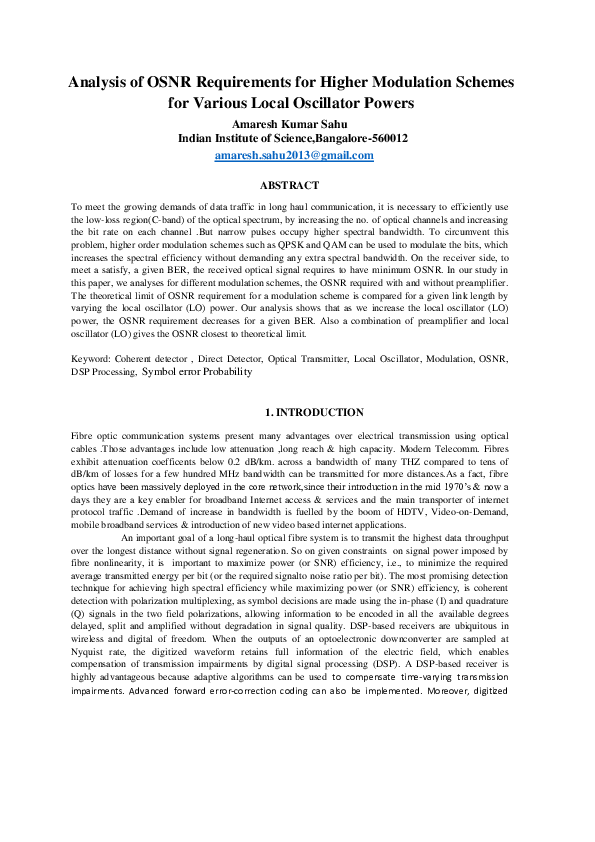 Pdf Analysis Of Osnr Requirements For Higher Modulation Schemes For