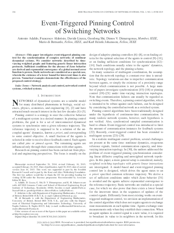 (PDF) Event-Triggered Pinning Control of Switching Networks