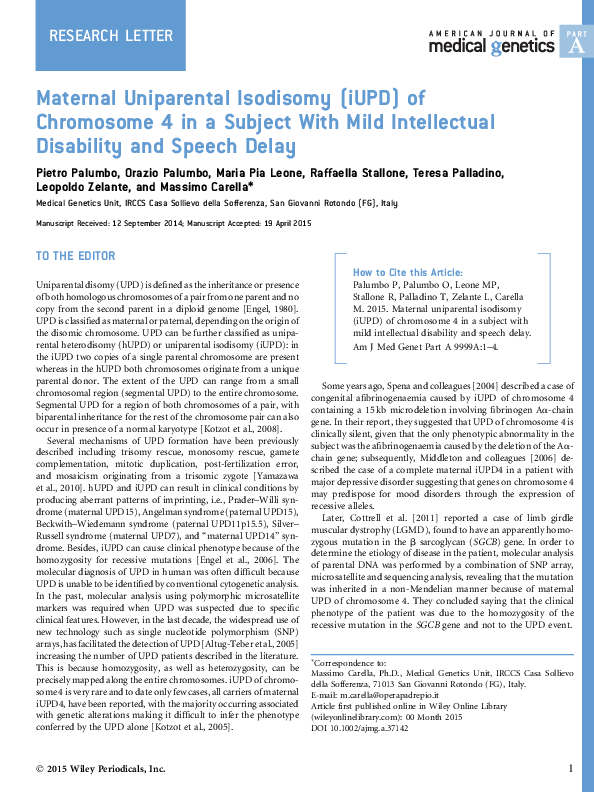 (PDF) Maternal uniparental isodisomy (iUPD) of chromosome 4 in a ...