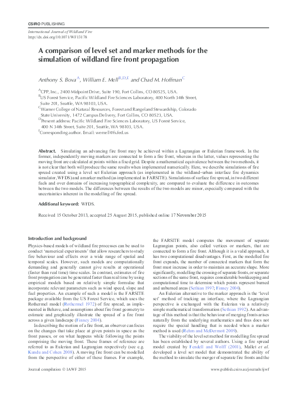 Pdf A Comparison Of Level Set And Marker Methods For The Simulation Of Wildland Fire Front