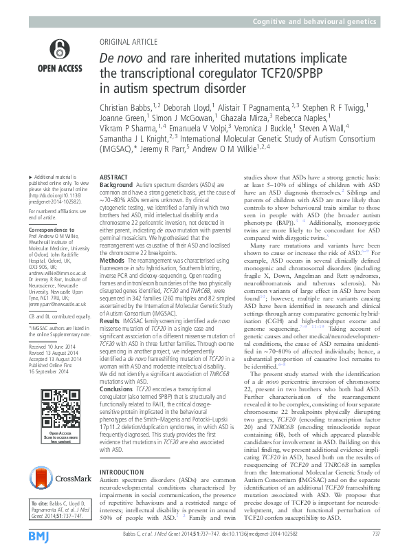 (PDF) De novo and rare inherited mutations implicate the ...