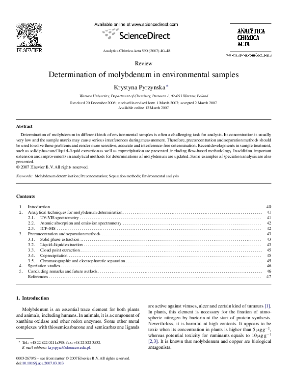 Pdf Determination Of Molybdenum In Environmental Samples