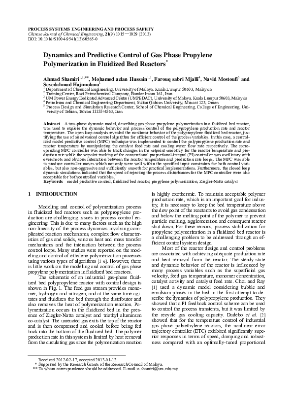 Pdf Dynamics And Predictive Control Of Gas Phase Propylene Polymerization In Fluidized Bed