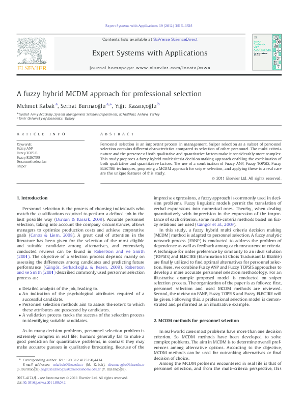 Pdf A Fuzzy Hybrid Mcdm Approach For Professional Selection