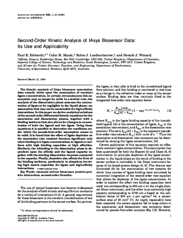 (PDF) Second-Order Kinetic Analysis of IAsys Biosensor Data: Its Use ...