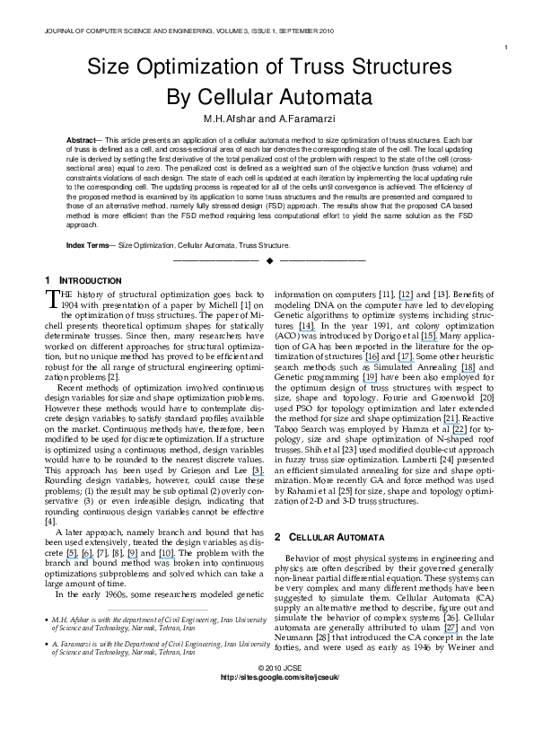 Pdf Size Optimization Of Truss Structures By Cellular Automata