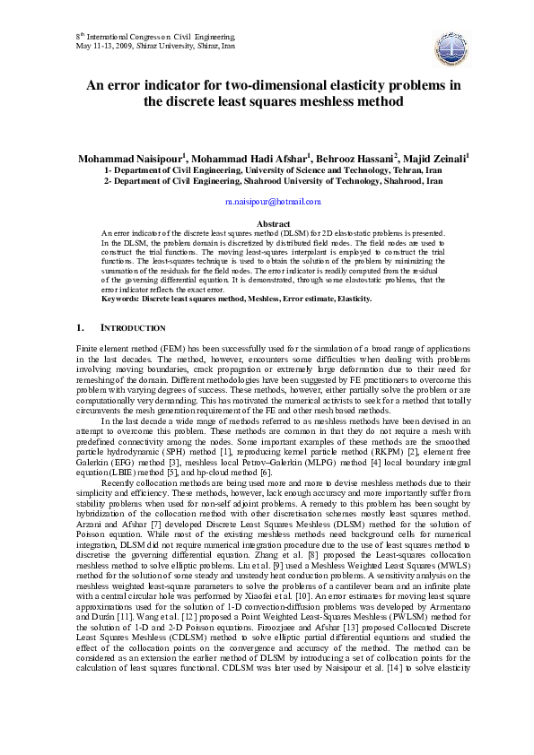 Pdf An Error Indicator For Two Dimensional Elasticity Problems In The Discrete Least Squares