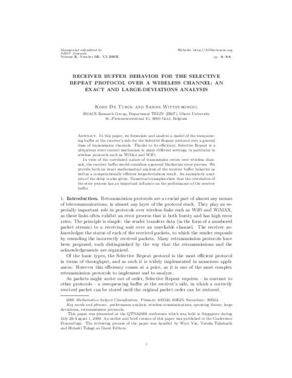 Pdf Receiver Buffer Behavior For The Selective Repeat Arq Protocol