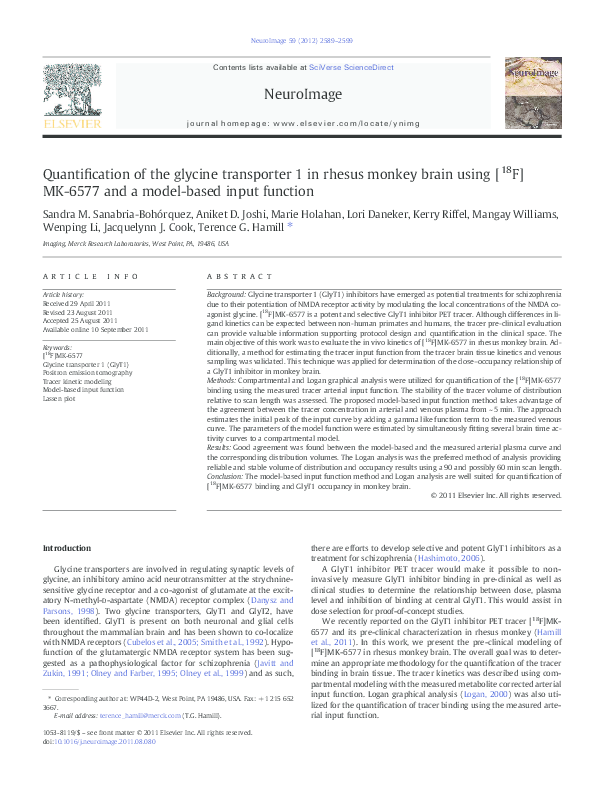 (PDF) Quantification of the glycine transporter 1 in rhesus monkey brain using [18F]MK-6577 and ...