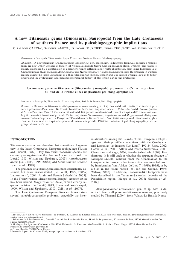 (PDF) A new Titanosaur genus (Dinosauria, Sauropoda) from the Late ...