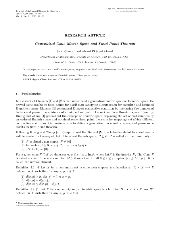 (PDF) Generalized Cone Metric Space and Fixed Point Theorem