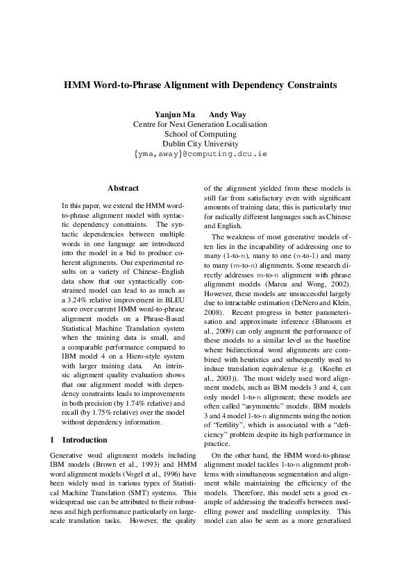 (PDF) HMM word-to-phrase alignment with dependency constraints | Andy Way - Academia.edu