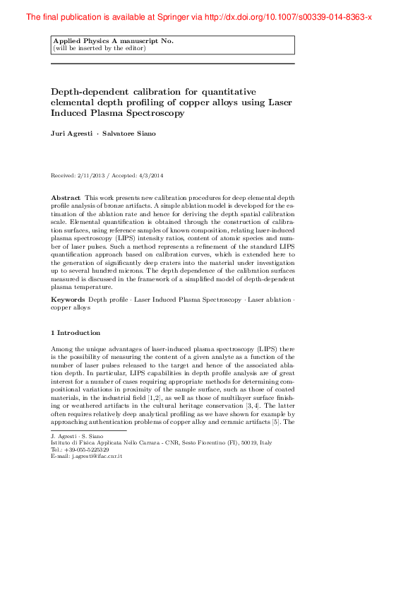 (PDF) Depth-dependent calibration for quantitative elemental depth profiling of copper alloys ...