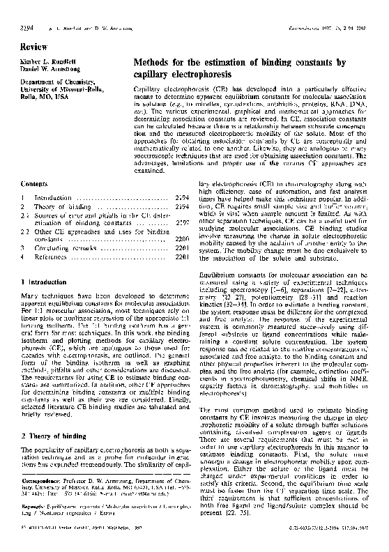 Pdf Methods For The Estimation Of Binding Constants By Capillary