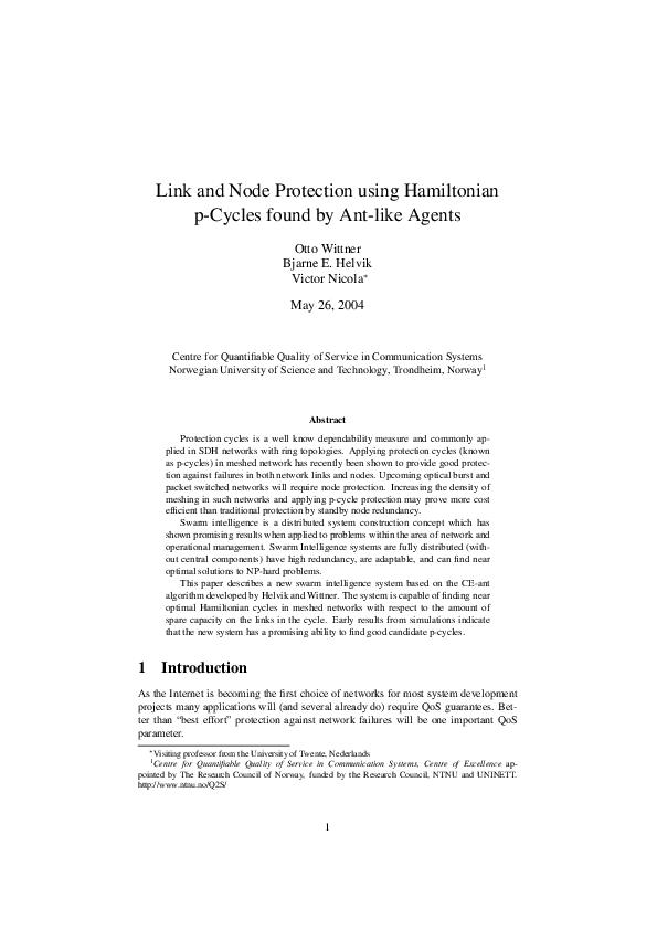(PDF) Link and Node Protection using Hamiltonian p-Cycles found by Ant-like Agents