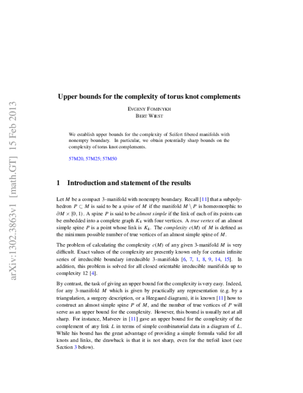 (PDF) UPPER BOUNDS FOR THE COMPLEXITY OF TORUS KNOT COMPLEMENTS