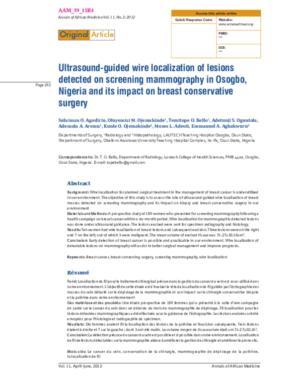 (PDF) Ultrasound-guided wire localization of lesions detected on ...