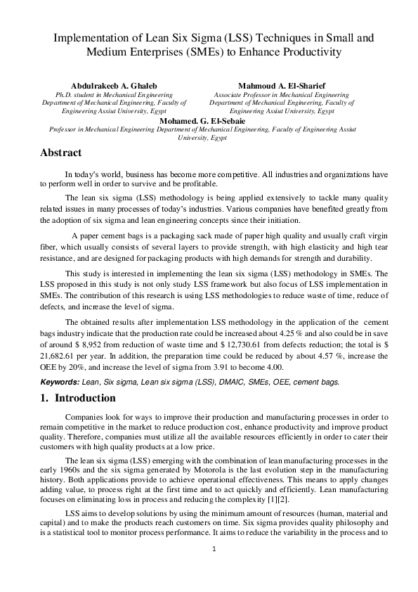 (PDF) Implementation of Lean Six Sigma (LSS) Techniques in Small and ...