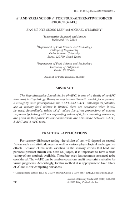 (PDF) d′ AND VARIANCE OF d′ FOR FOUR-ALTERNATIVE FORCED CHOICE (4-AFC)