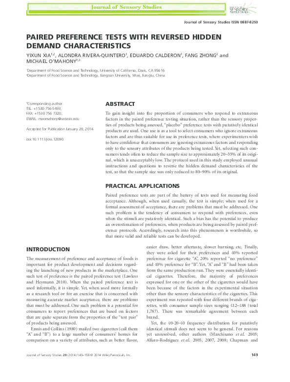 (PDF) PAIRED PREFERENCE TESTS USING PLACEBO PAIRS AND DIFFERENT ...