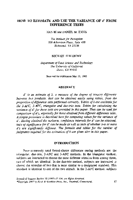 (PDF) HOW TO ESTIMATE AND USE THE VARIANCE OF d' FROM DIFFERENCE TESTS