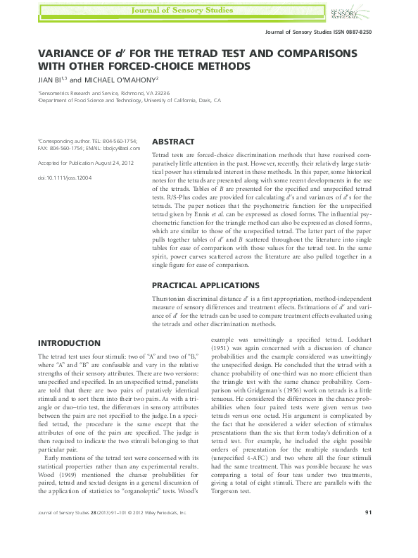 (PDF) Variance of d′ for the Tetrad Test and Comparisons with Other ...