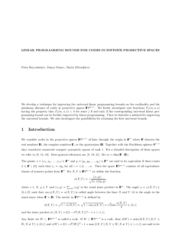 (PDF) Linear programming bounds for codes in infinite projective spaces