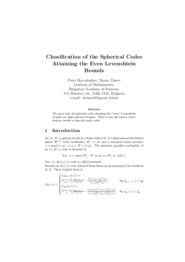 (PDF) Classification of the spherical codes attaining the even Levenshtein bounds | Peter ...