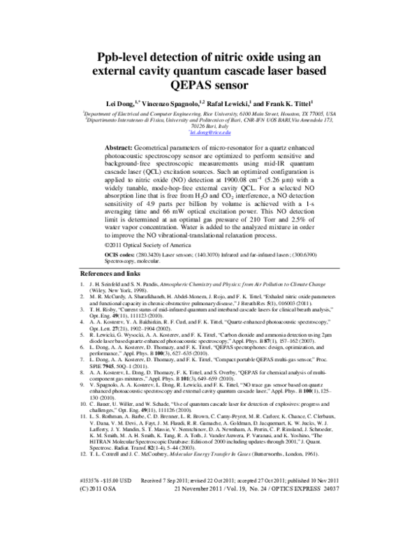 Pdf Ppb Level Detection Of Nitric Oxide Using An External Cavity Quantum Cascade Laser Based