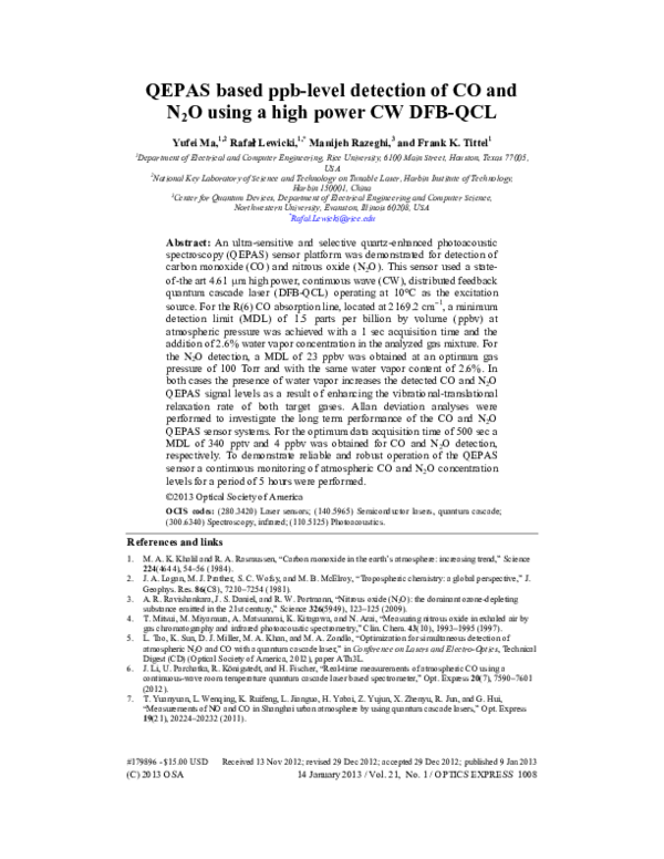 (PDF) QEPAS based ppb-level detection of CO and N_2O using a high power CW DFB-QCL