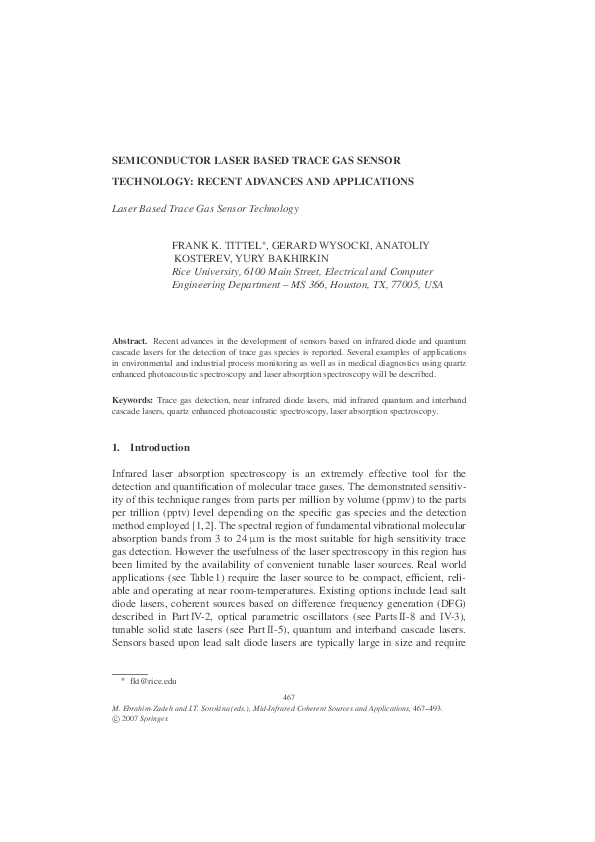(PDF) Semiconductor Laser Based Trace Gas Sensor Technology: Recent ...