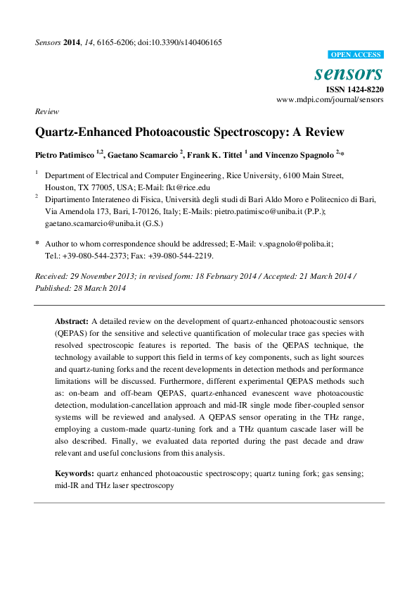 (PDF) Quartz-Enhanced Photoacoustic Spectroscopy: A Review | Frank Tittel - Academia.edu