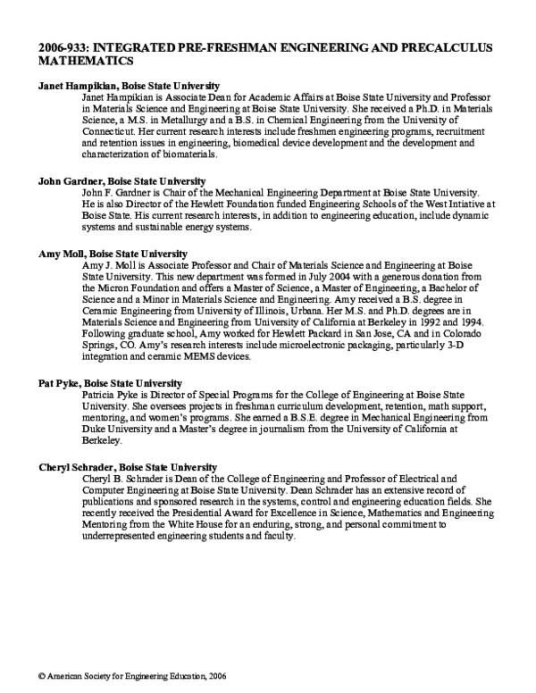 (PDF) 2006-933: INTEGRATED PRE-FRESHMAN ENGINEERING AND PRECALCULUS ...