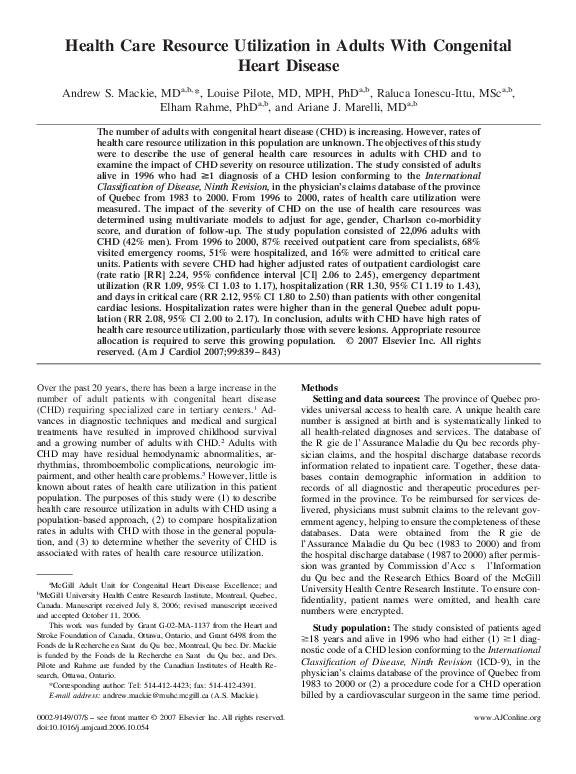 (PDF) Health Care Resource Utilization in Adults With Congenital Heart ...